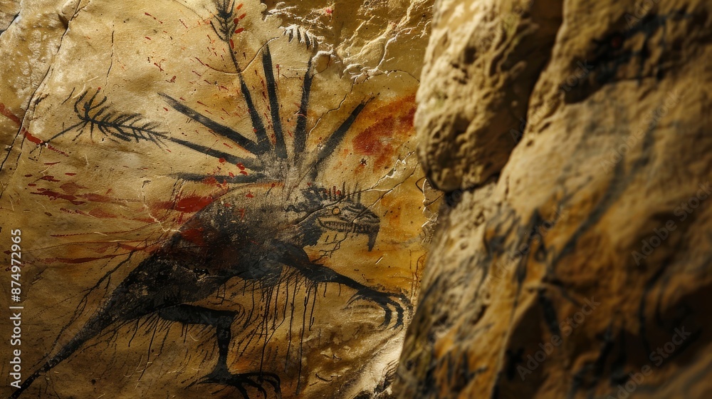 Mythical creature depicted on a cave wall painting, its purpose and ...