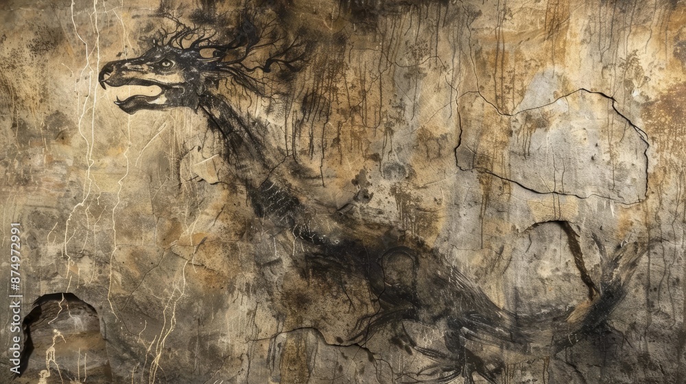 Mythical creature depicted on a cave wall painting, its purpose and ...