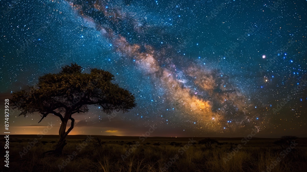 Starry night sky above the savanna, Milky Way galaxy clearly visible ...