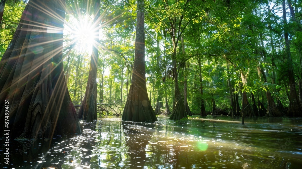 Foto de Sunlight filtering through the leaves of cypress trees in a ...