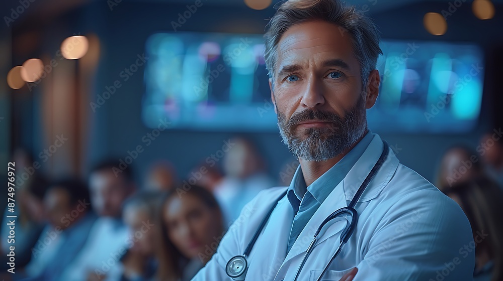 Doctor in a conference room, presenting medical findings, white lab ...