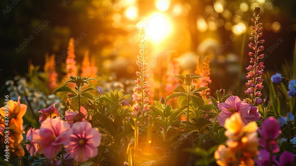 Flowers in full bloom bask in the warm glow of the setting sun, casting ...