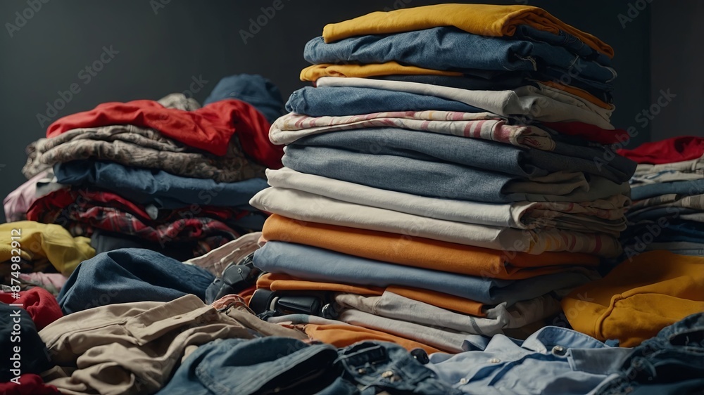 A stack of assorted clothes is piled up in a messy heap, creating a ...