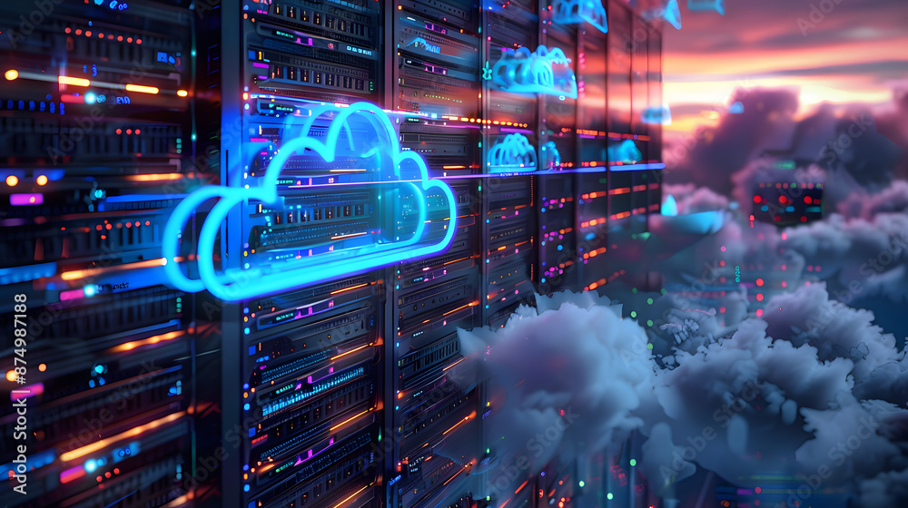 futuristic data center with illuminated cloud icons representing cloud ...