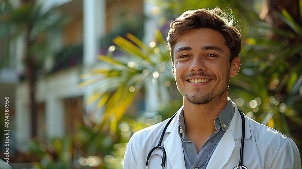 Realistic and cinematic image of a doctor standing outside a hospital ...