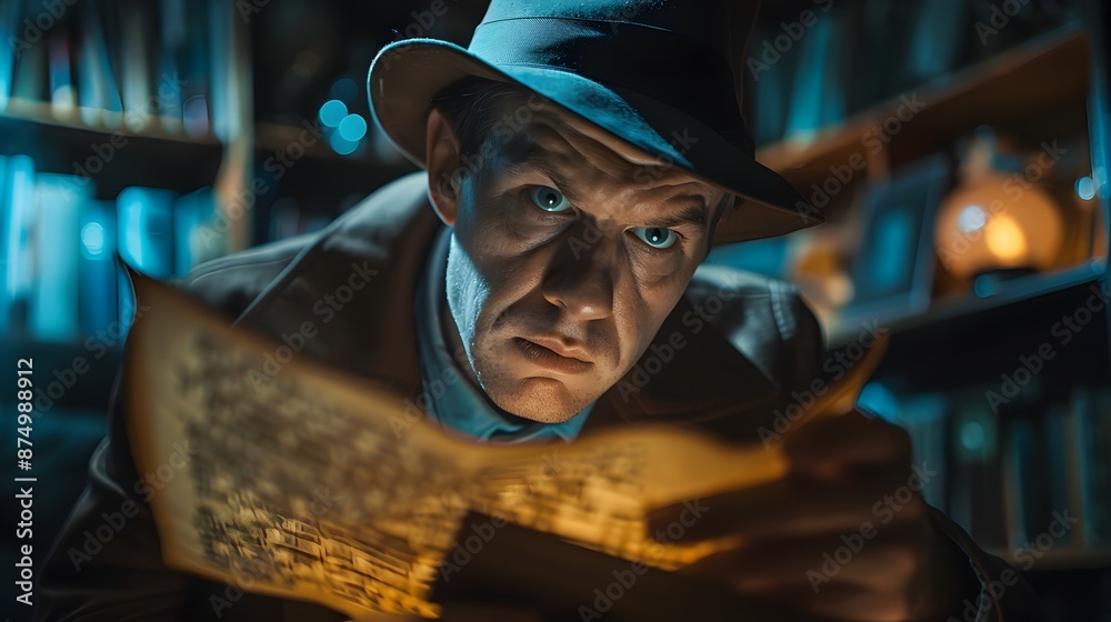 Detective Examining a Cryptic Clue in a Dimly Lit Room with Skepticism ...