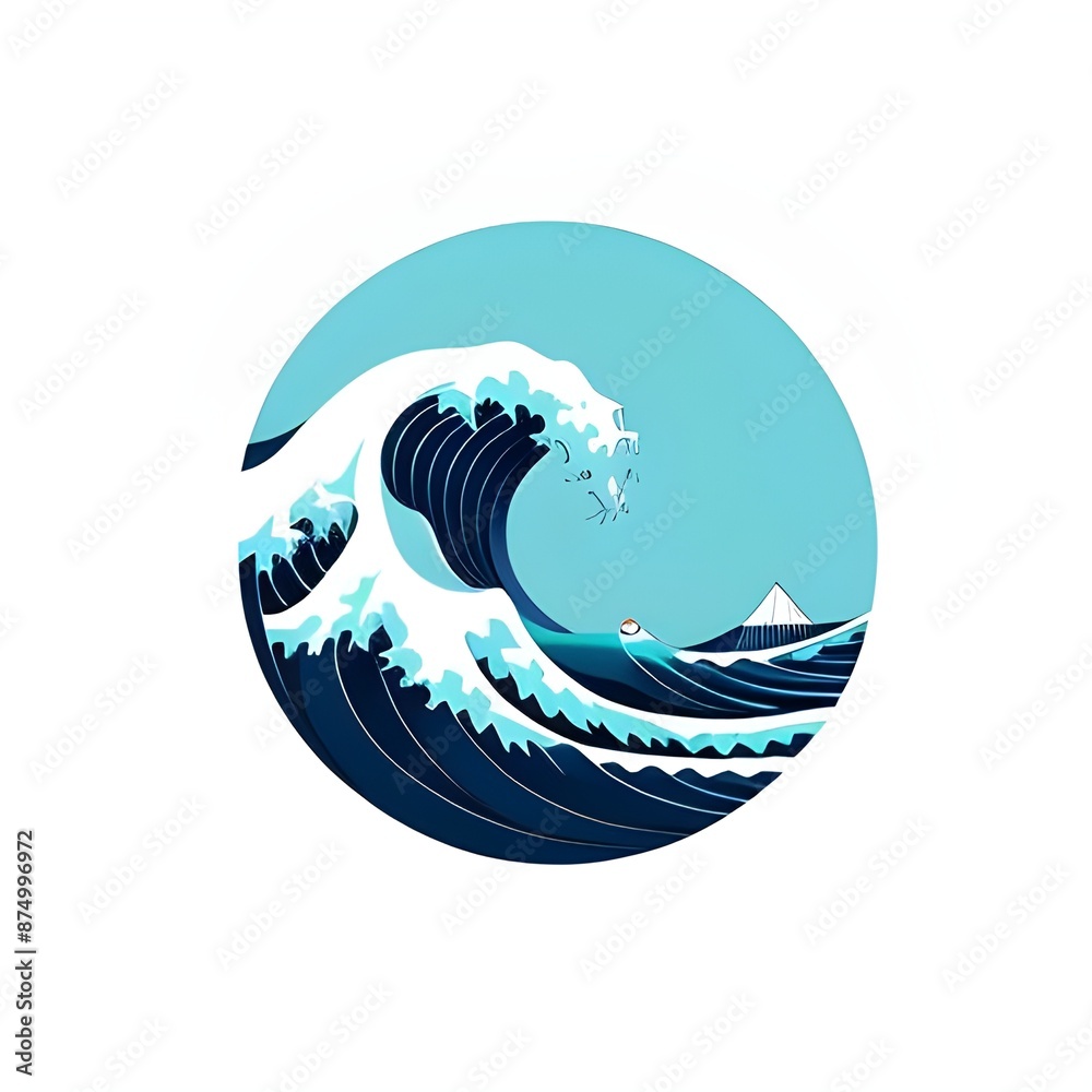 a circular vector logo featuring an ocean wave, sea, water, splash, rip ...