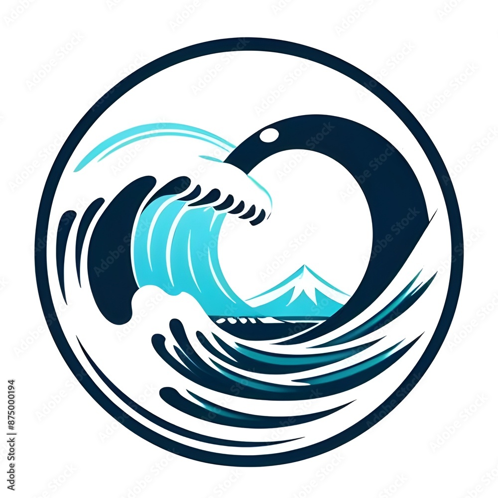 a circular vector logo featuring an ocean wave, sea, water, splash, rip ...