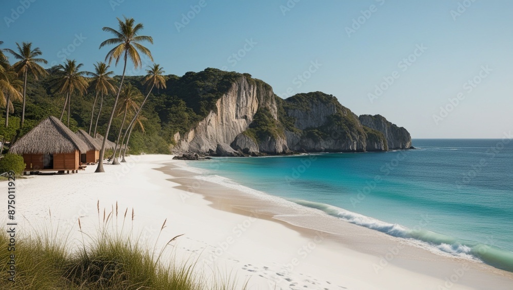 View of the beach with white sand and tall coconut trees. This beach ...