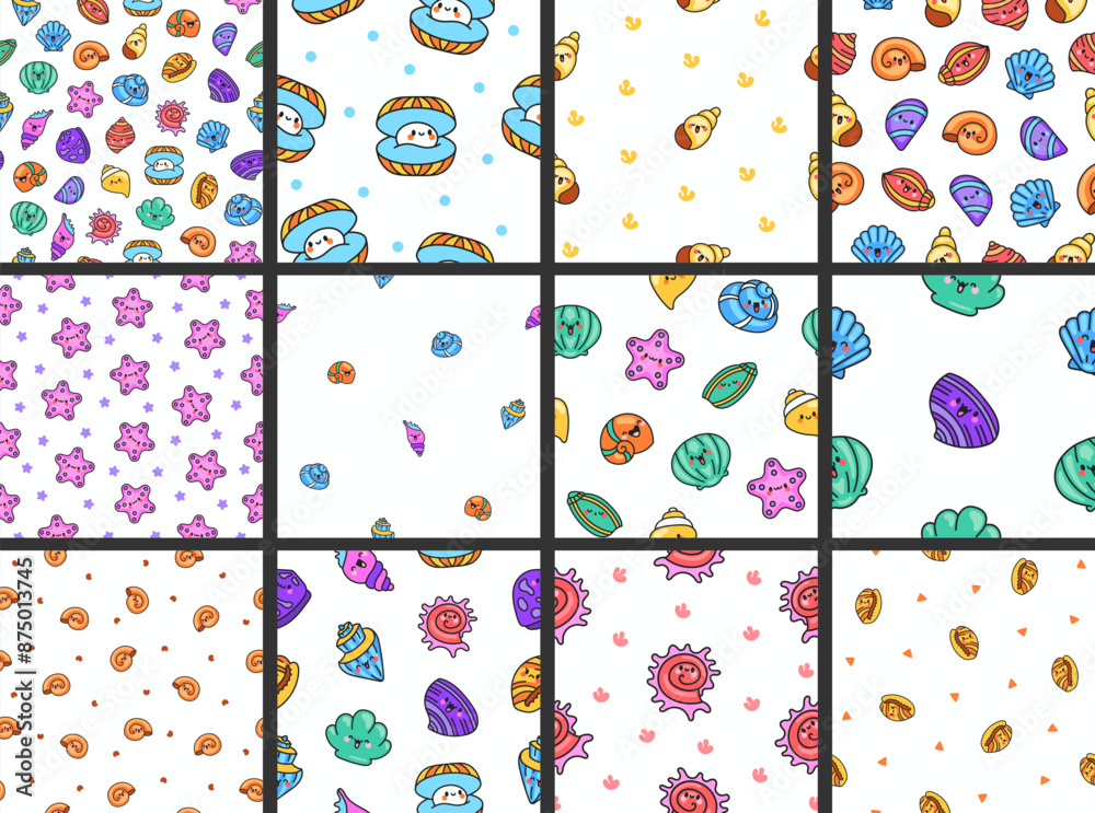 Cute kawaii sea shell. Seamless pattern. Cartoon aquatic life. Marine ...