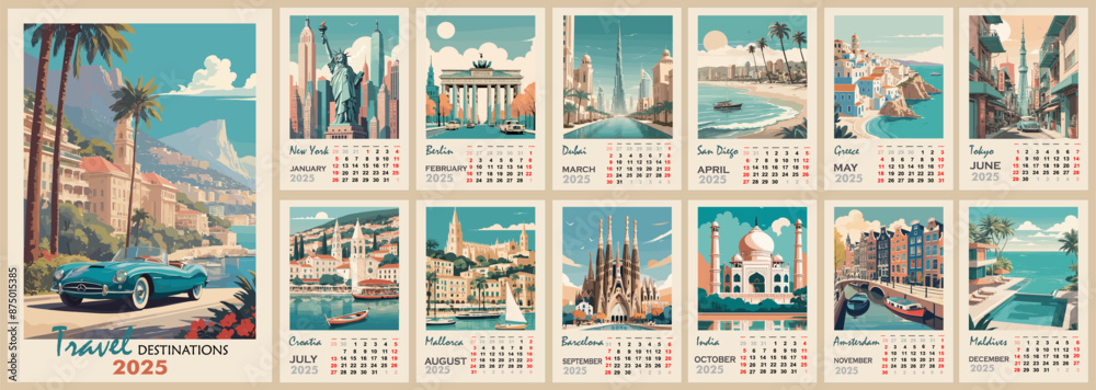 Wall Travel destinations calendar for 2025. Vertical design with famous ...