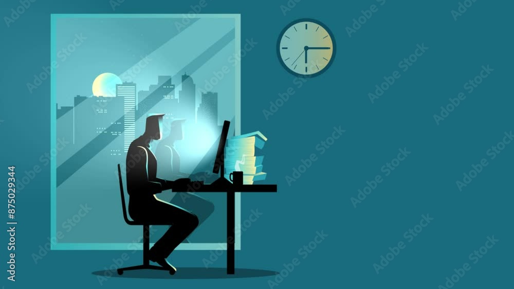 Motion graphic of a man working on a computer for 24 hours, with a ...