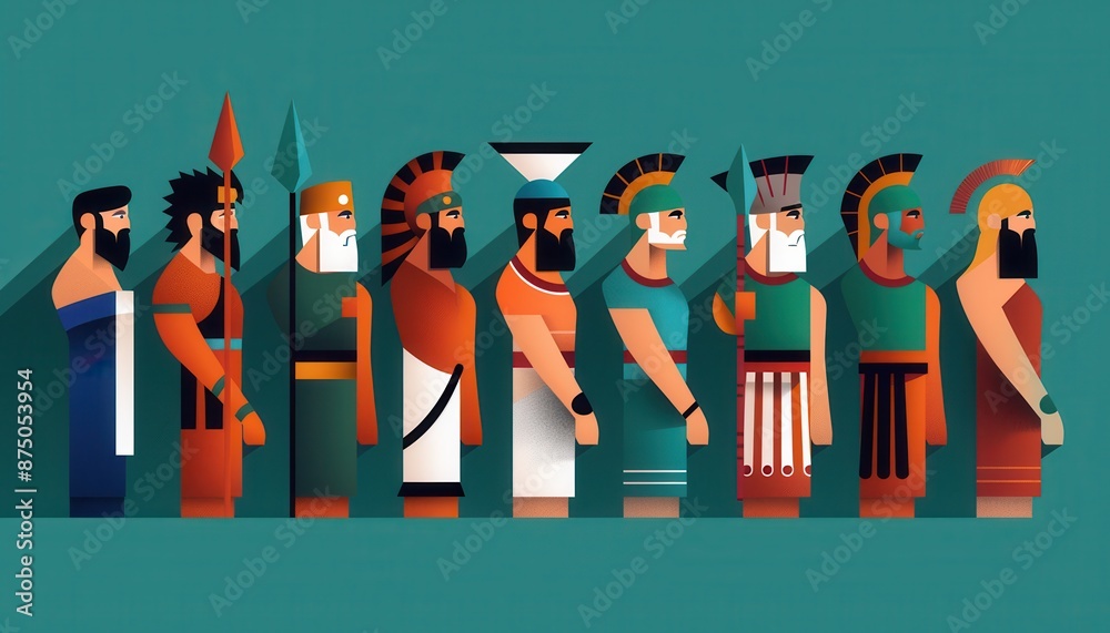 Colorful illustration of ancient Greek gods and warriors standing in a ...