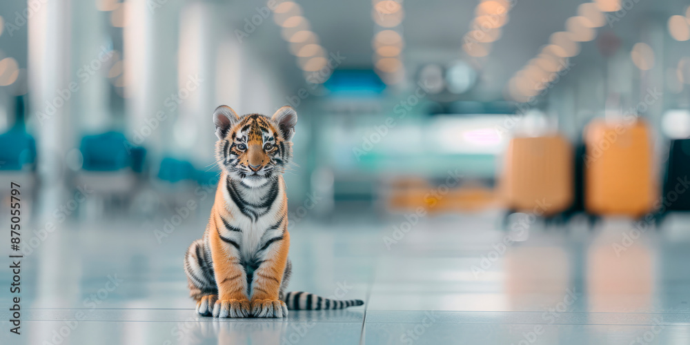 Tiger cub at the airport. Concept: wildlife trafficking, animal rights ...