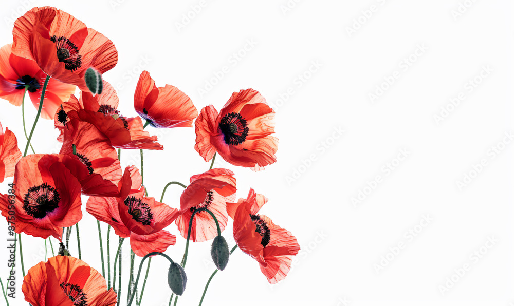 Photo of Red poppies on white background, border frame decoration ...