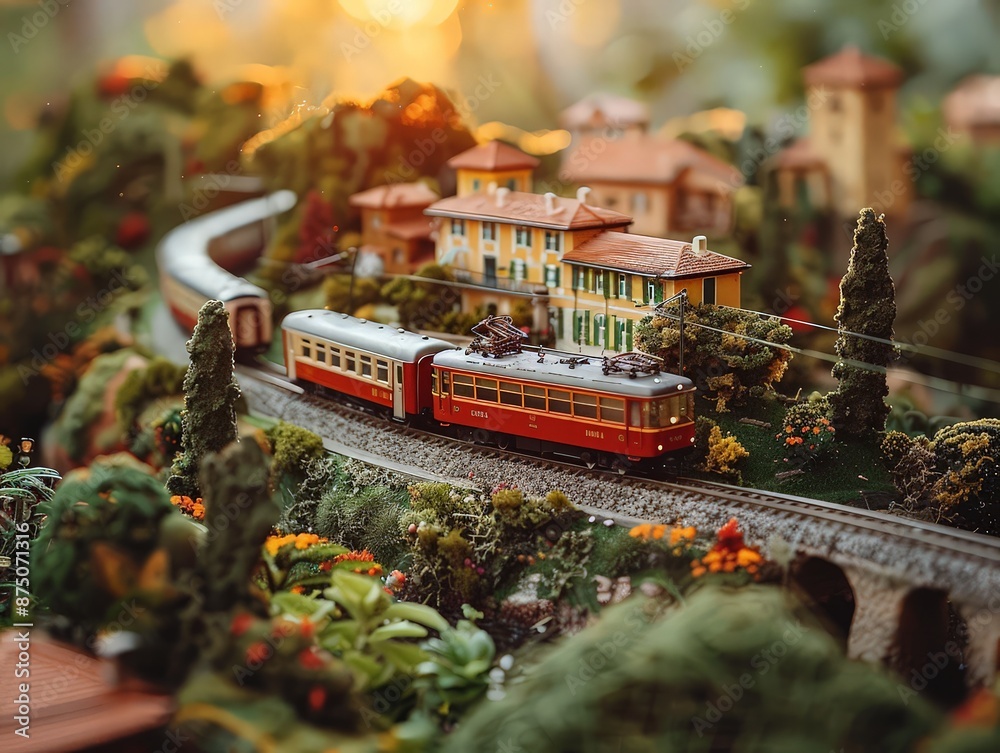miniature model of a scenic countryside village featuring a red train ...