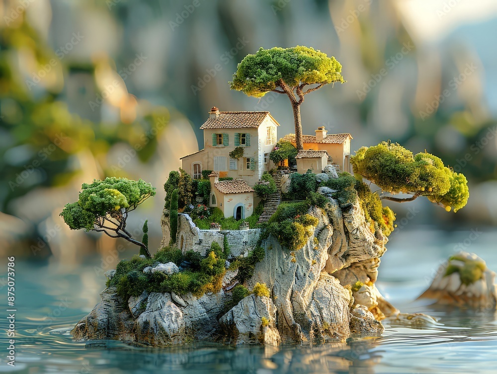 High-resolution photographs of miniature island models with house and ...
