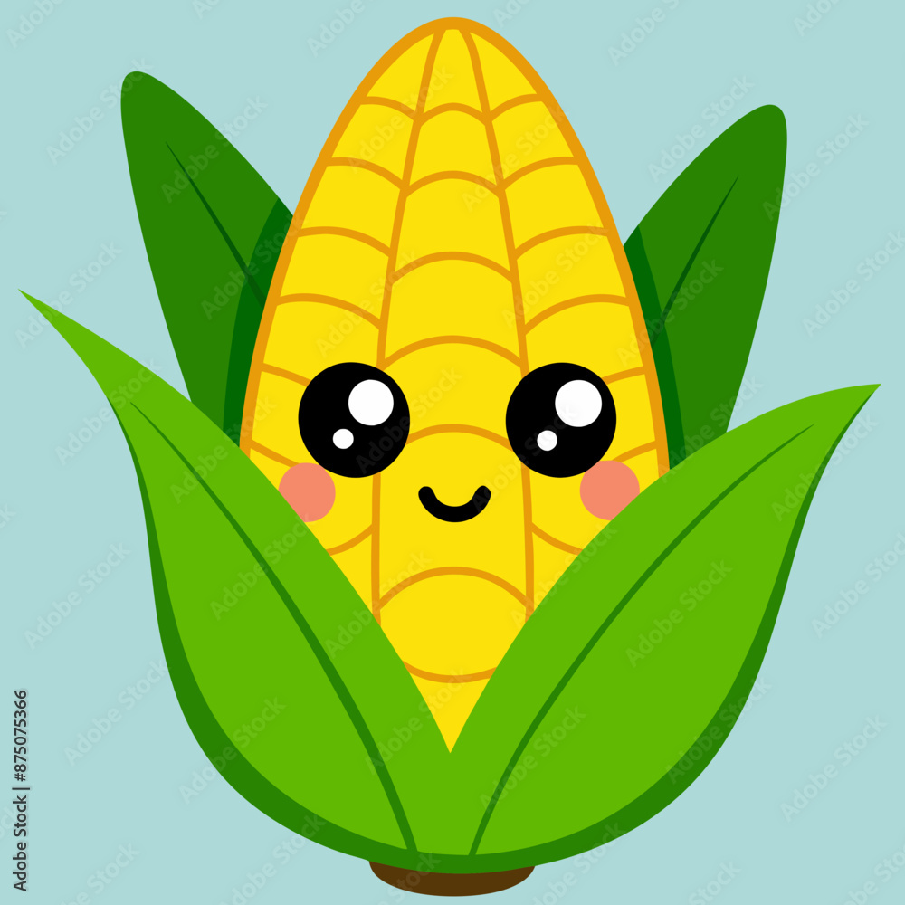 Smiling Cartoon Corn With Green Husks, This cartoon corn has big, round ...
