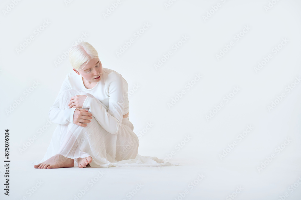 Pretty albino teen girl, beautiful barefoot unique woman model in white ...