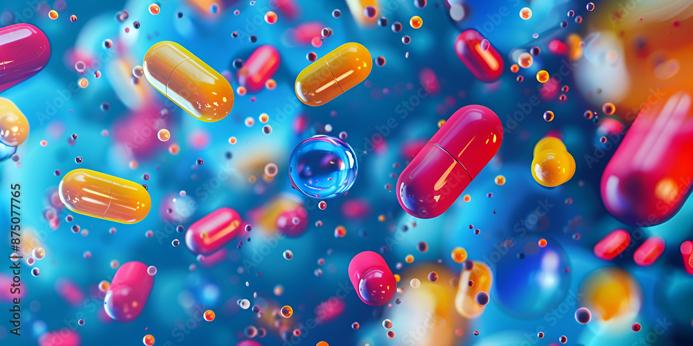 Dynamic depiction of pharmaceutical pills, illustrating the ...