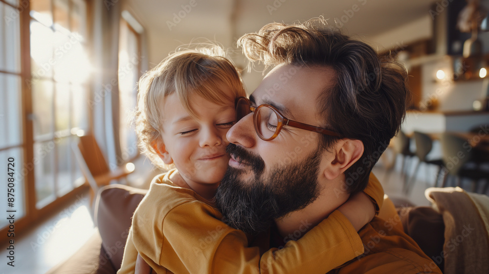 Joyful Father and Son Embrace in Cozy Living Room - Bearded Dad with ...