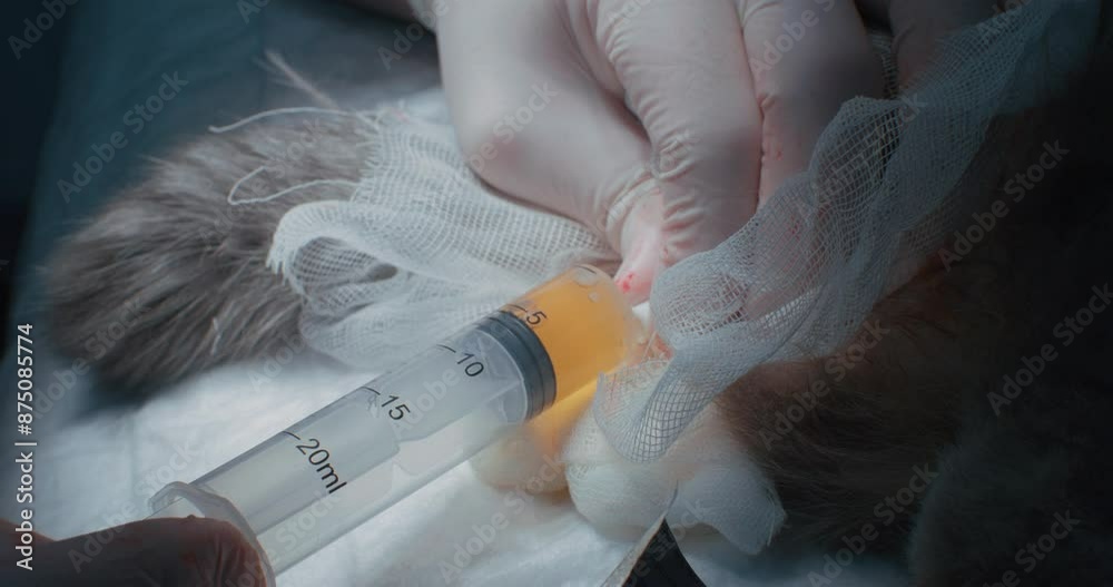 After inserting the urethral catheter, the veterinarian uses a syringe ...