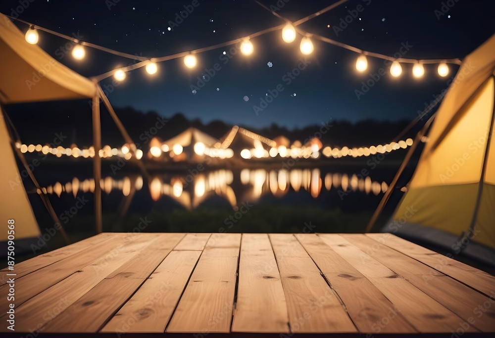 Wooden table top on blur tent camping travel tent at night.Drink and ...