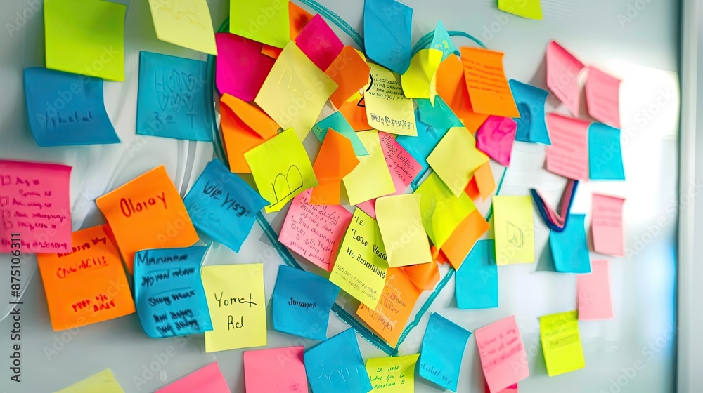 Colorful sticky notes with handwritten reminders and messages on a ...