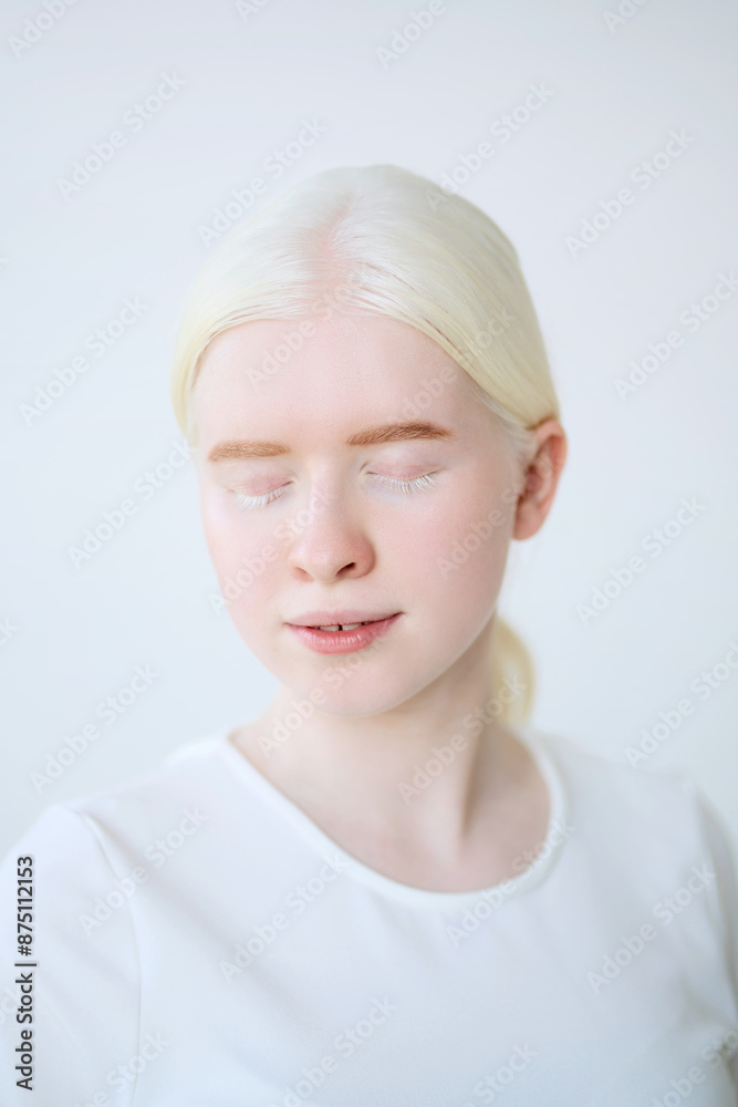 Beautiful albino teen girl, cute pretty woman model with eyes closed on ...