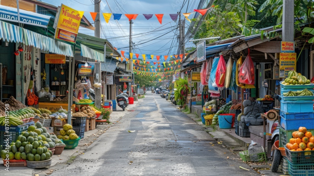 Asian street market with traditional local Thai cottage style at ...