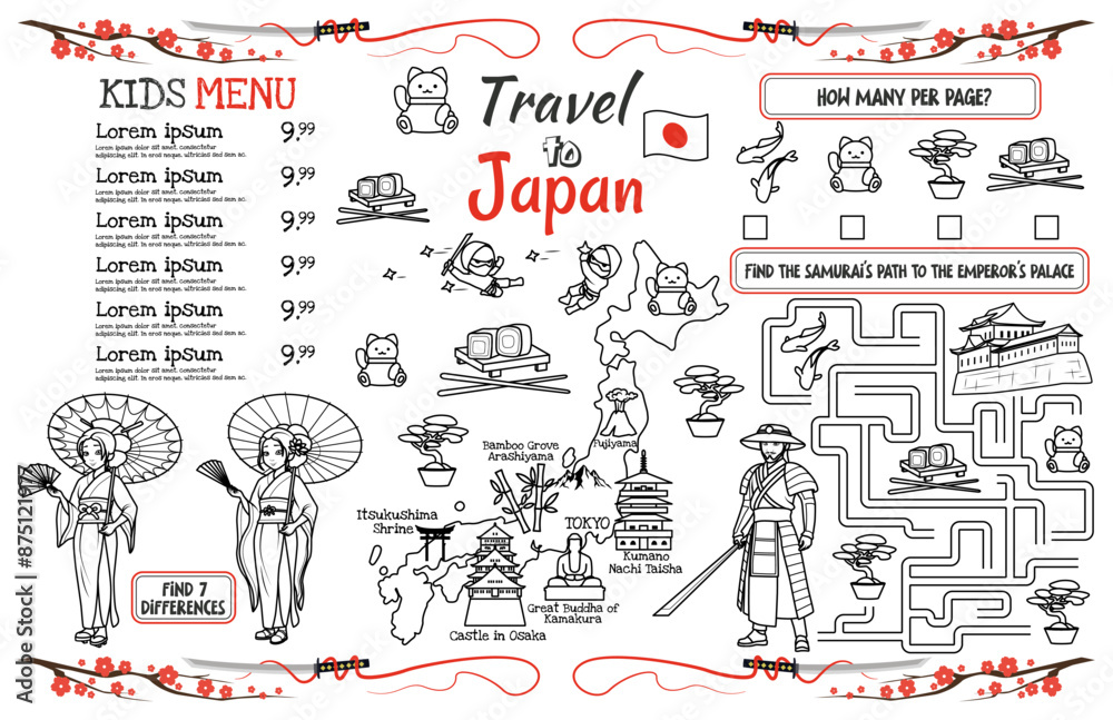 Kids menu for a Japanese restaurant with a map of Japan and interesting ...