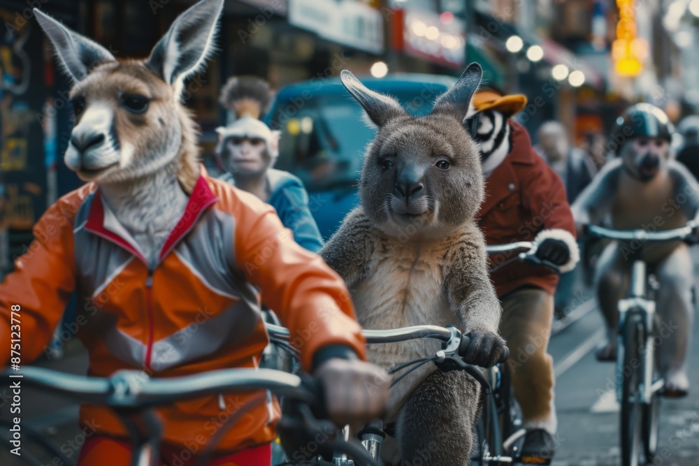 A group of animals enjoy a fun bike ride along a lively street, wearing ...