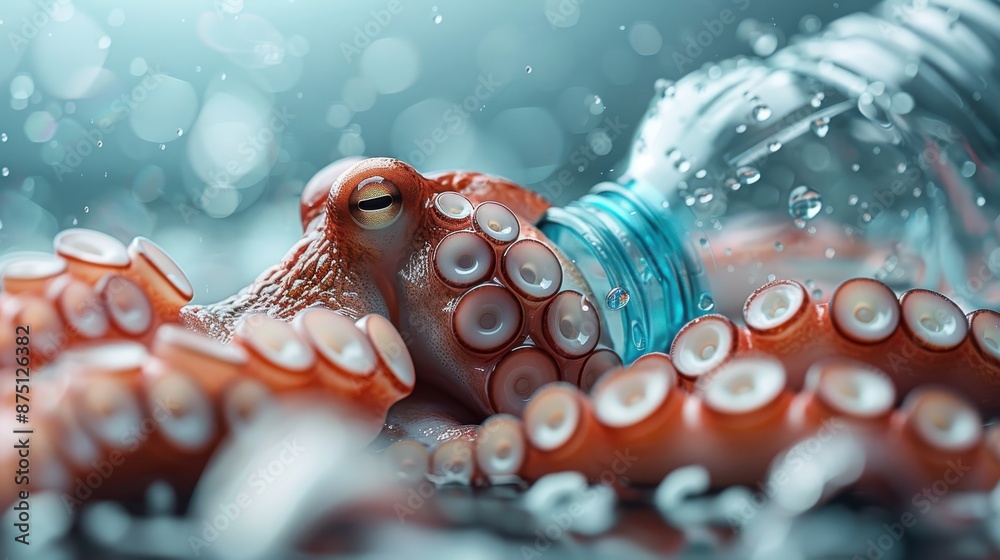 An octopus emerges with a plastic bottle tangled in its tentacles, providing a stark ...