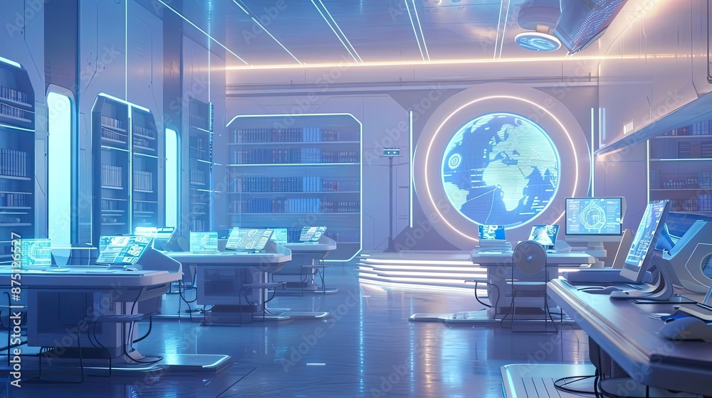 Futuristic hi-tech command center with advanced computers and a large digital world map ...