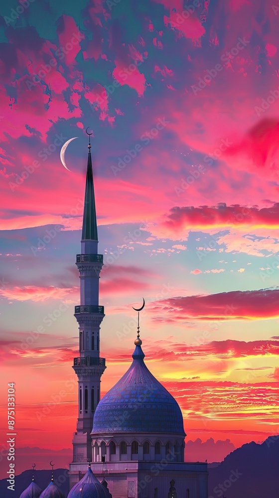 Islamic Background,Dome Mosques,Crescent Moon,Starry on Dark Blue Sky ...