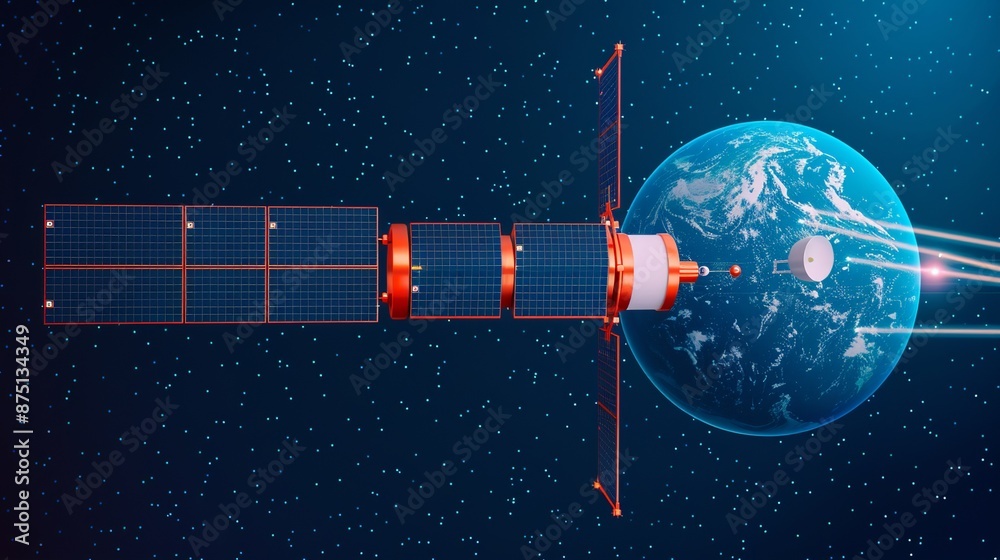 Futuristic satellite communication illustration with orbiting ...