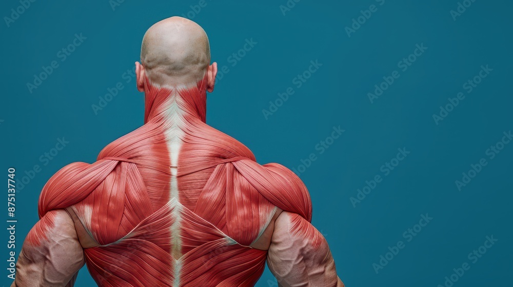 Anatomical illustration of a muscular male back with highlighted muscle ...