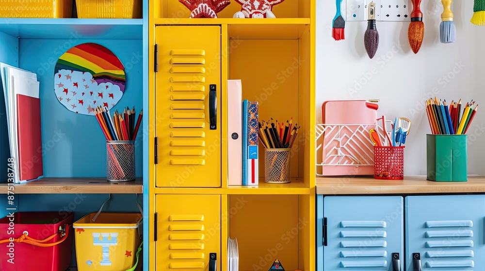 Colorful and organized study space with lockers, shelves, and various ...