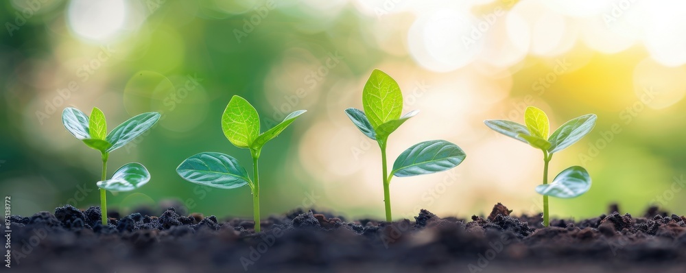 Young plants growing in soil with sunlight background, symbolizing ...