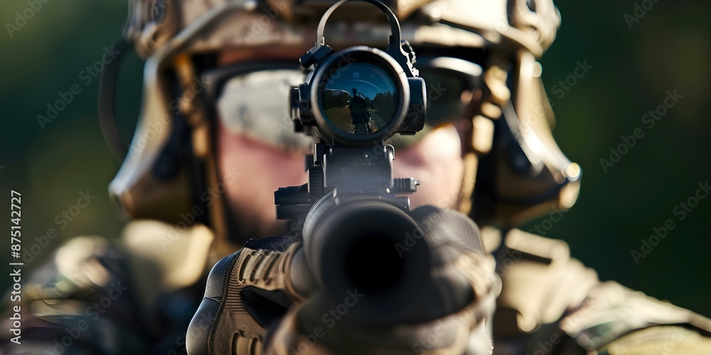 Special forces soldier aims machine gun through collimator sight in ...