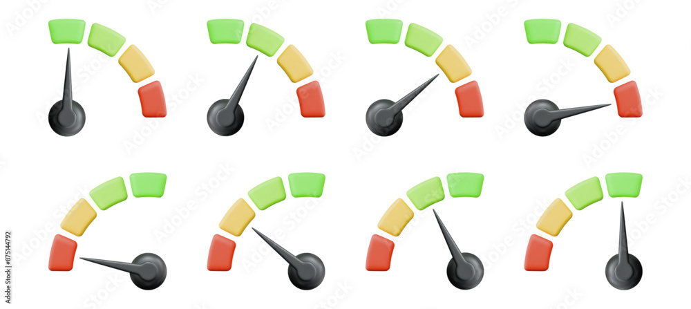 3d speedometer icon. Low, middle and high speed status. Scale score of ...