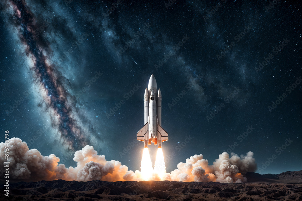 Space scenery of new cosmic craft ship flying to future planets ...