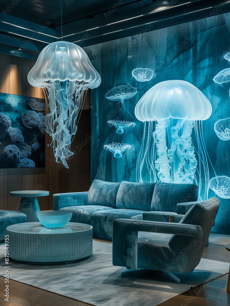 An interior space with a marine theme, featuring large jellyfish-like ...