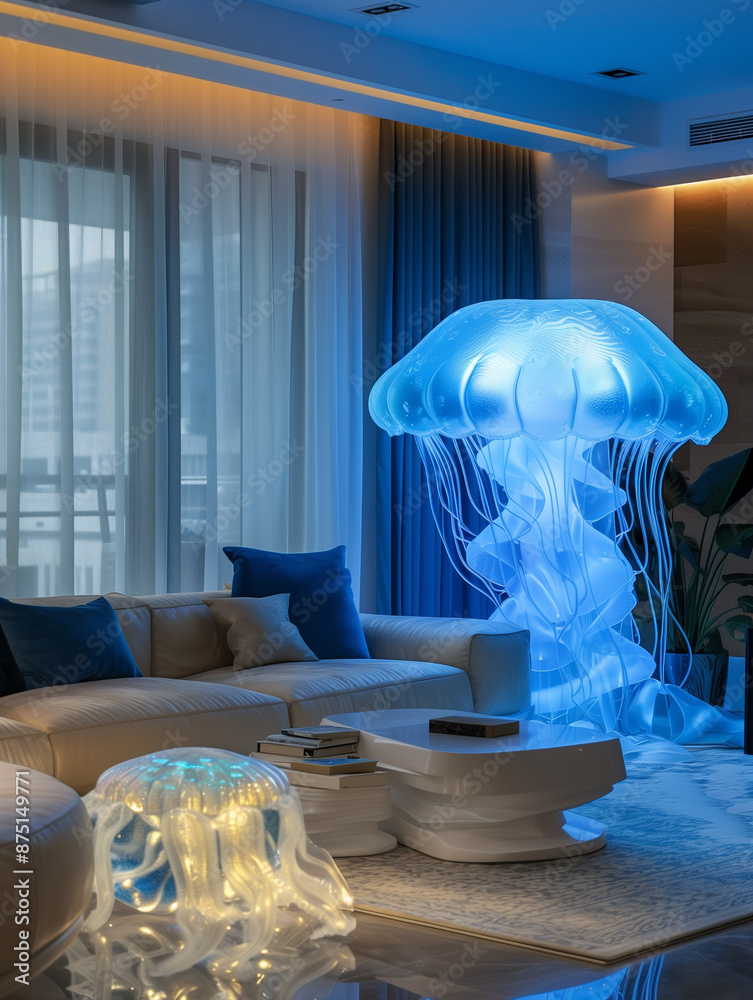 An interior space with a marine theme, featuring large jellyfish-like ...
