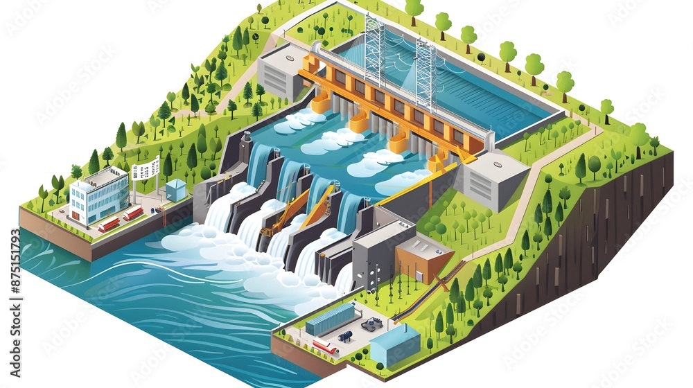 Detailed of a Hydroelectric Power Plant with Labeled Components Stock ...