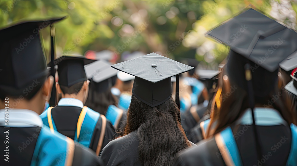 Back side view a group higher education graduation of graduates during ...