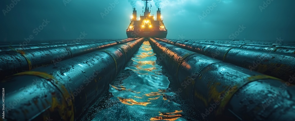 The intricate process of laying oil pipelines underwater, with the ship ...