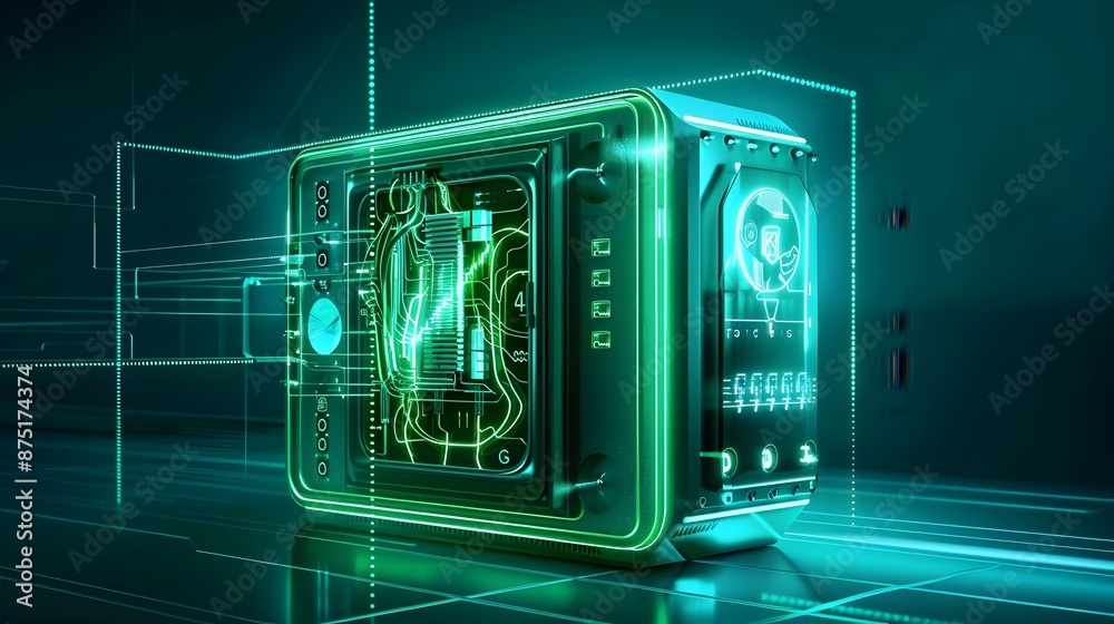of a glowing green futuristic neon energy storage device featuring a ...