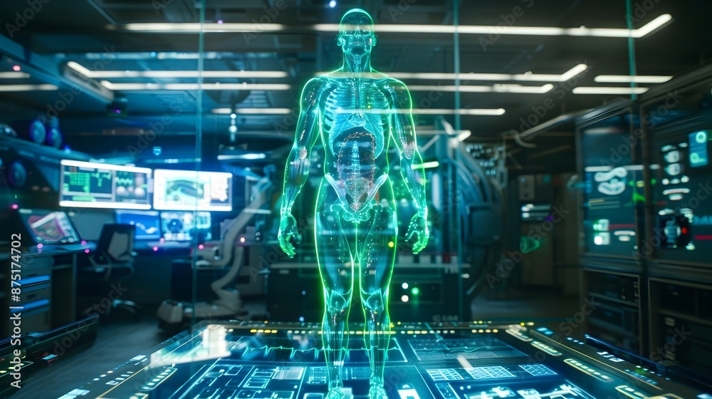 holographic projection of a shimmering electric blue and emerald green ...