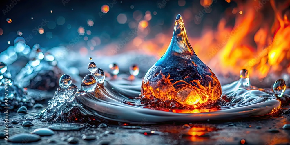 Drops of water from ice transforming into lava, depicting contrast ...